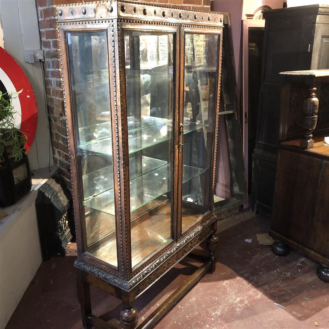 Antique Oak Leather Bound Display Cabinet - LA515469