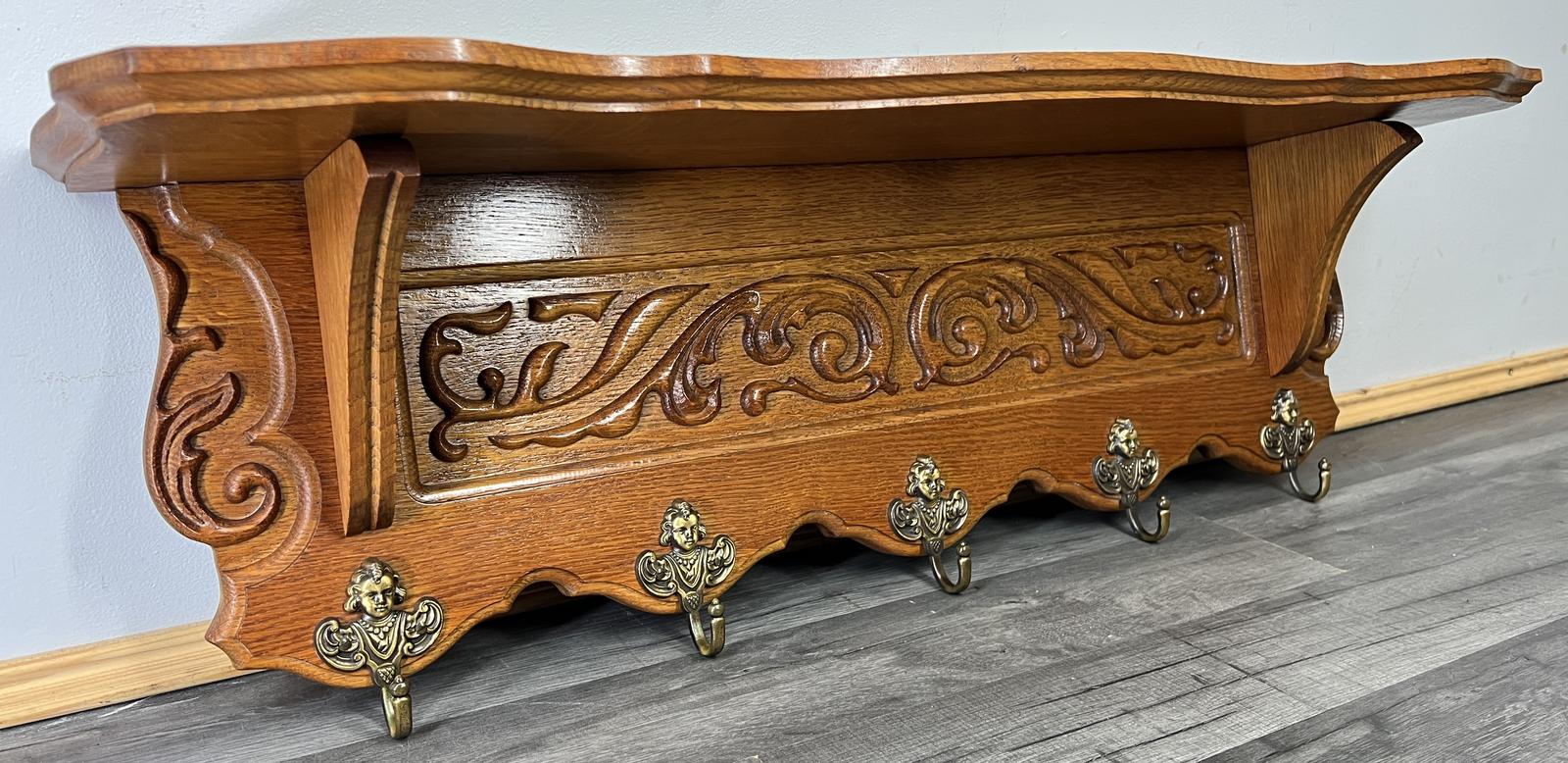 French Vintage Style Coat Rack Oak 5 Hooks Ornate Wall Shelf Coat - LOT ...