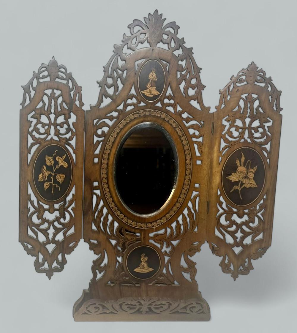 Antique Italian Triptych Sorrento Ware Walnut Crutch Oval Folding Mirror - 19th Century - LA517872