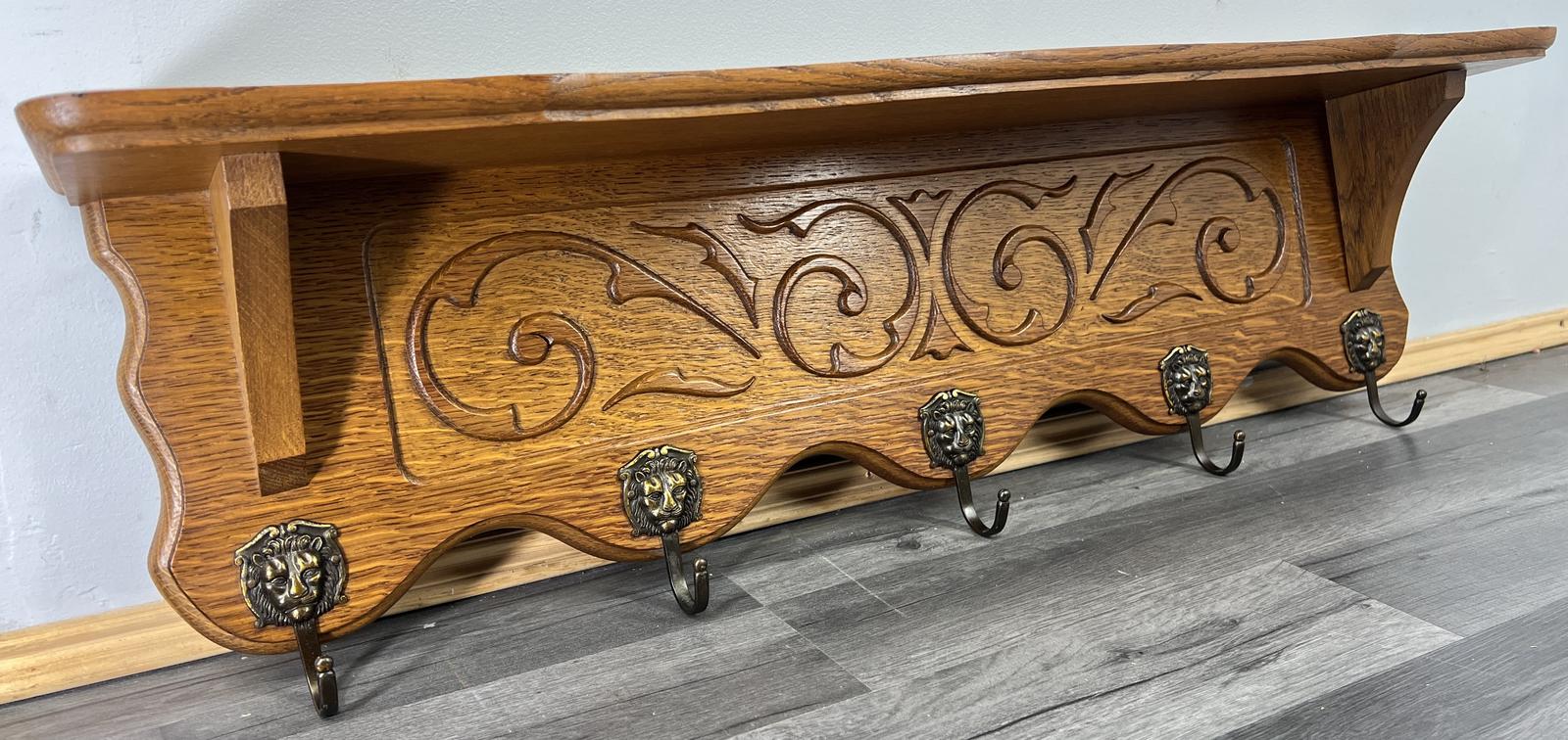 French Vintage Style Coat Rack Oak 5 Hooks Ornate Wall Shelf Coat - LOT ...