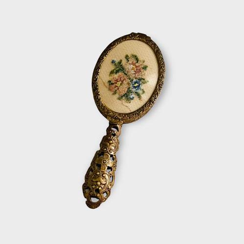 Vintage Petit Point & Filigree Gilt Metal Hand Mirror Form Novelty ...